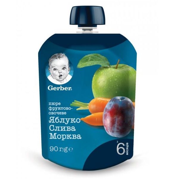 Gerber fruit puree apple, plum and carrot for children after 6 months ...